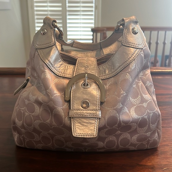 Coach | Bags | Coach Signature Silver Metallic Sateen Shoulder Bag ...